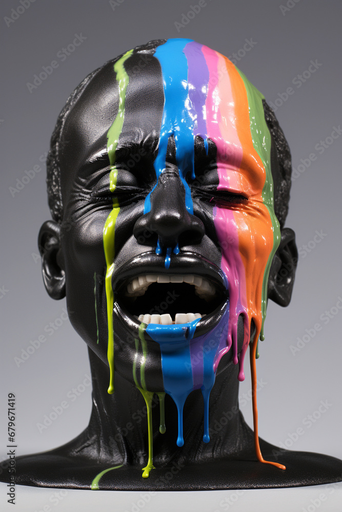 Black bust sculpture of a man with rainbow color dripping down his face ...