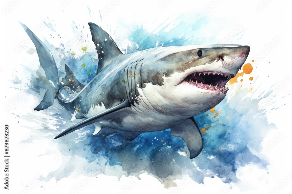 watercolor Shark Hungry shark illustration with splash watercolor ...