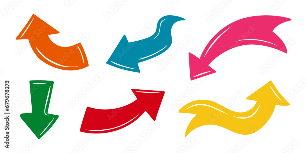 Colorful arrow vector set. Various cartoon playful arrow pointers isolated on white background ...