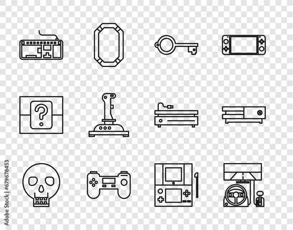 Set line Skull, Racing simulator cockpit, Ancient key for game, Gamepad, Computer keyboard ...