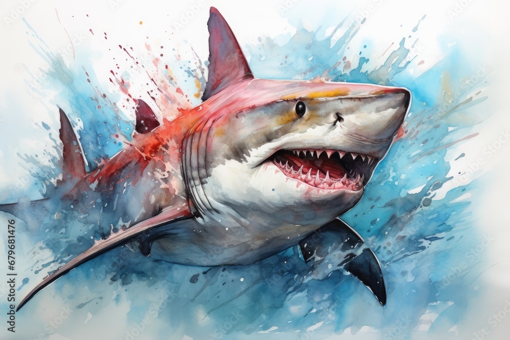 watercolor Shark Hungry shark illustration with splash watercolor ...