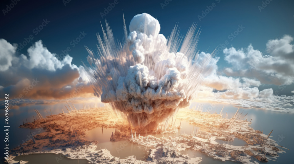 a nuclear bomb in the middle of a city at night, burning fire in the ...