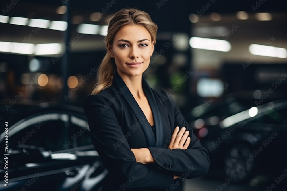 Professional luxury car saleswoman in luxury showroom. Auto dealership ...