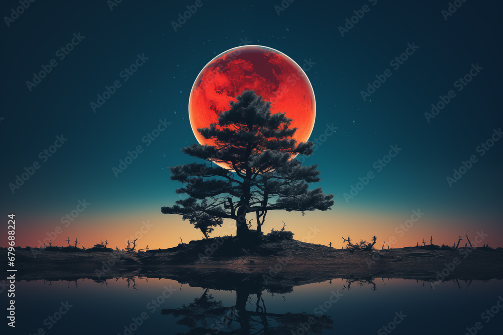 pine tree with red moon background and river front. Stock Illustration ...
