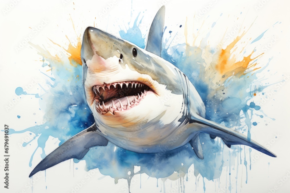 watercolor Shark Hungry shark illustration with splash watercolor ...