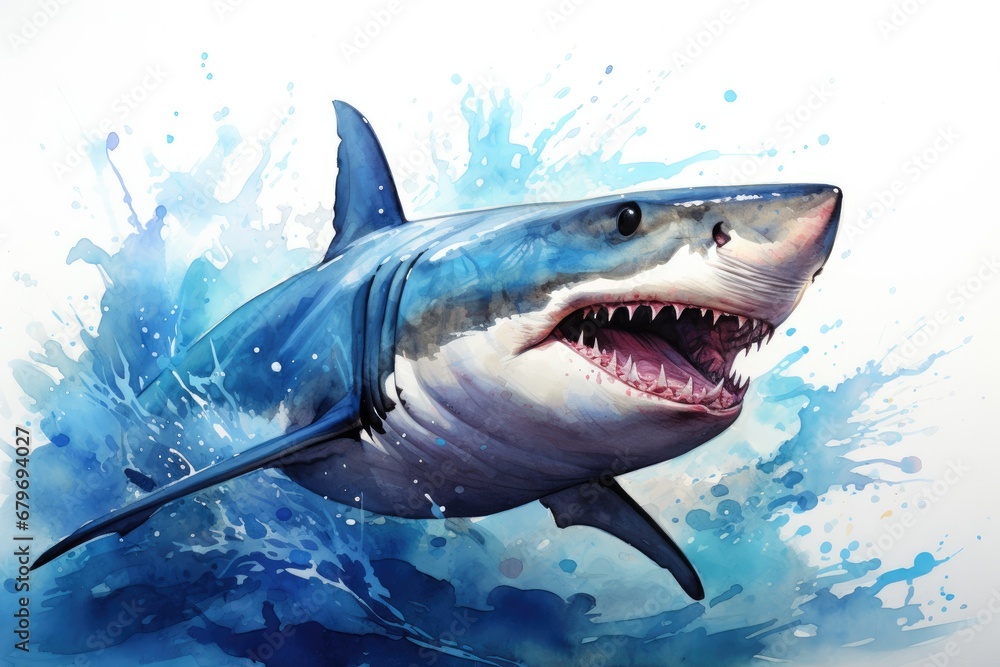 watercolor Shark Hungry shark illustration with splash watercolor ...
