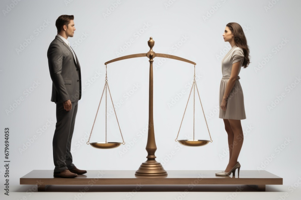 Equality between man and woman concept with beam scales on white ...