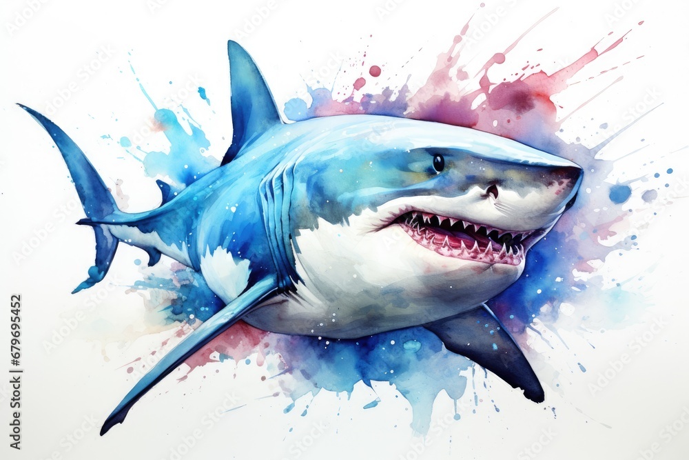 watercolor Shark Hungry shark illustration with splash watercolor ...