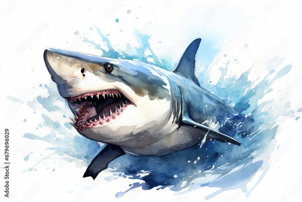 watercolor Shark Hungry shark illustration with splash watercolor ...