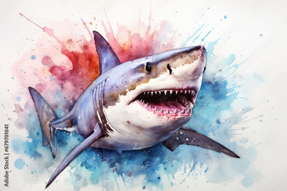 watercolor Shark Hungry shark illustration with splash watercolor ...