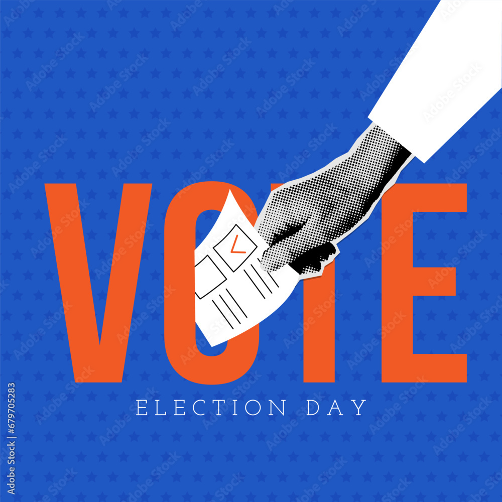 Vote text with halftone sticker of Hand placing a ballot into a letter ... Vote text with halftone sticker of Hand placing a ballot into a letter ...
