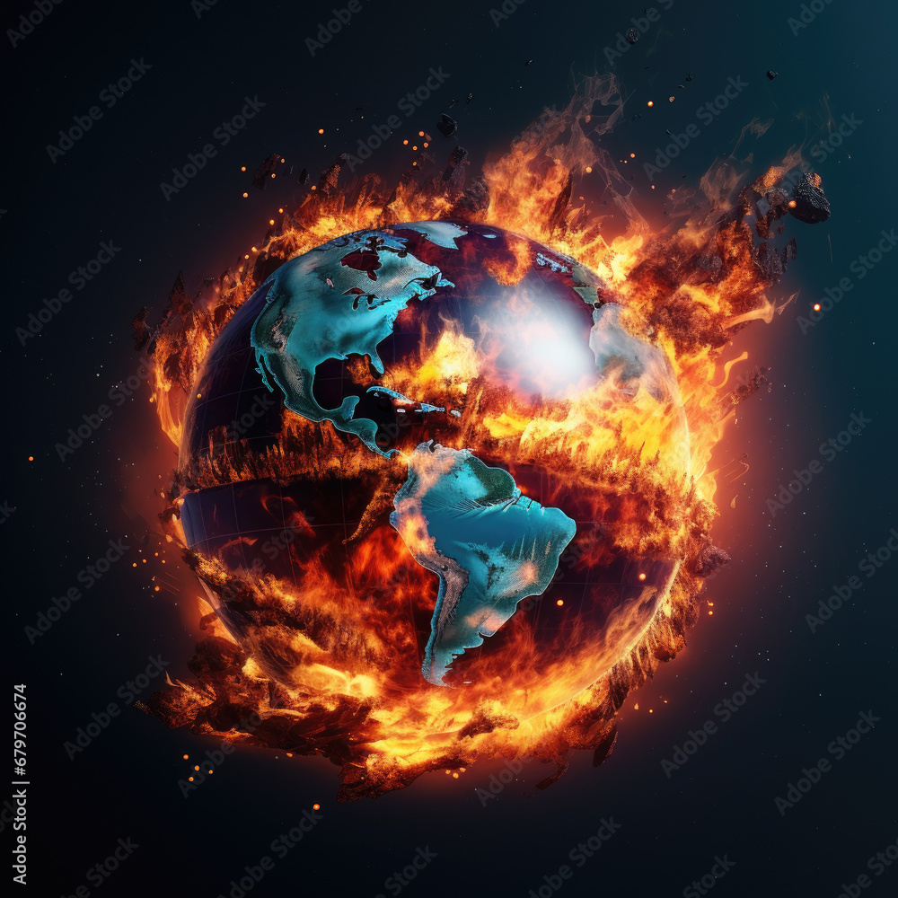 Global Earth collapse, burning, destroyed by fire. Conceptual ...