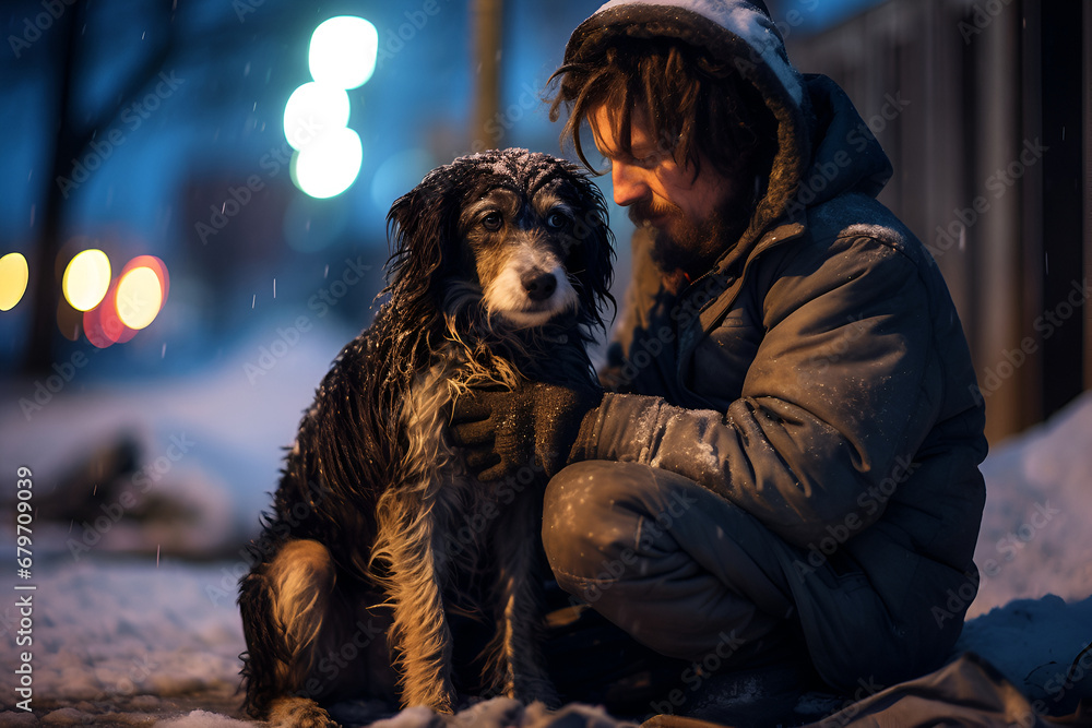 A tender moment as a homeless man hugs his dog amidst a snowy urban ...