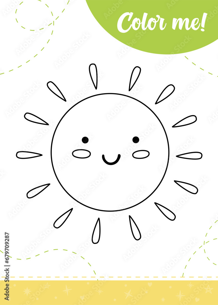 Coloring page for kids with cartoon sun. A printable worksheet, vector ...