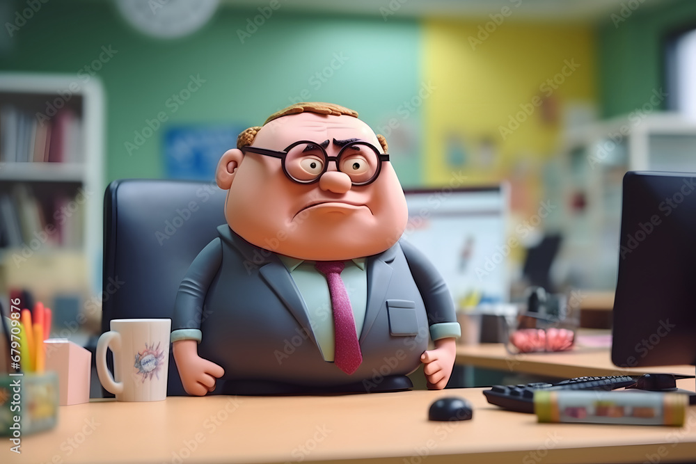 cartoon boss at the desk in the office. businessman boss sitting at ...