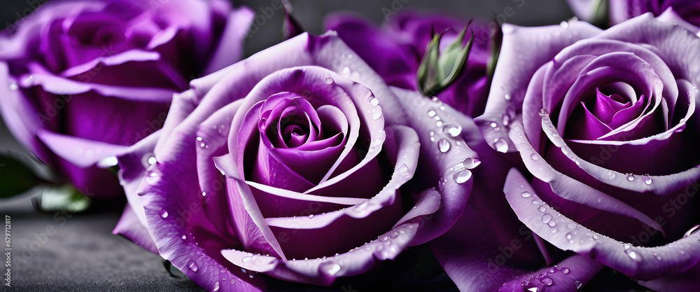 Imagen de rosas frescas color moradas. Flores malva con gotas de agua ...