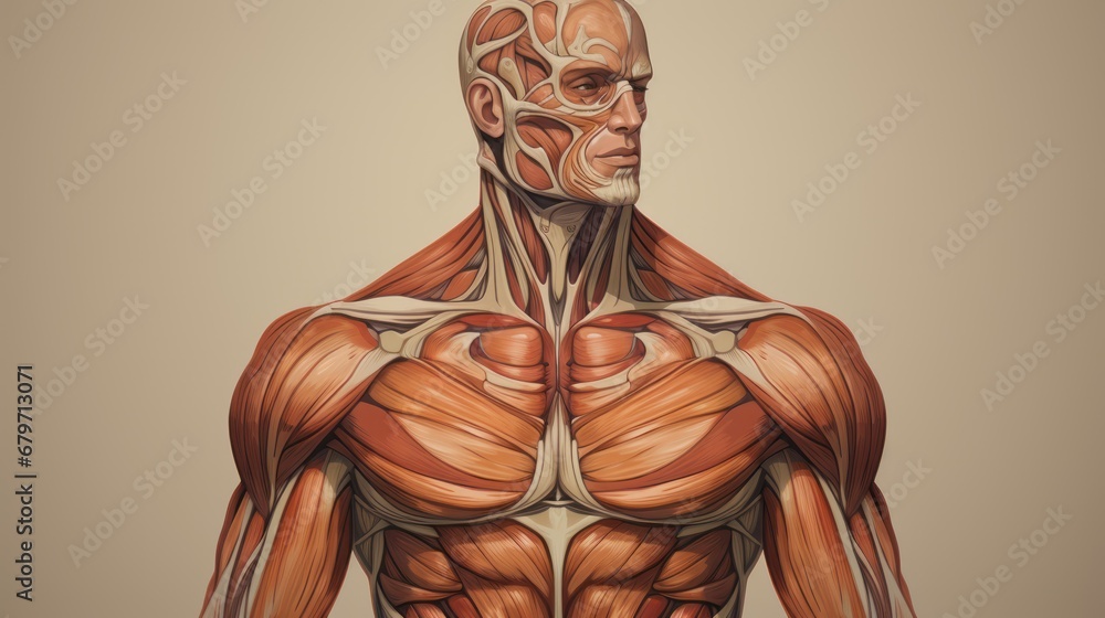 a drawing of a man's muscular torso and upper half of the body, with ...