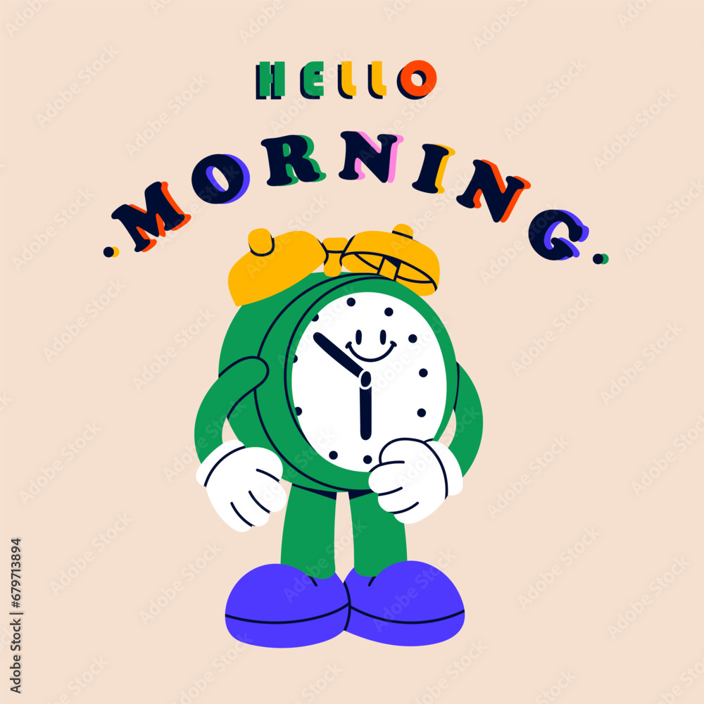 Hello morning text. Alarm clock with hands, legs and face. Cute funny ...