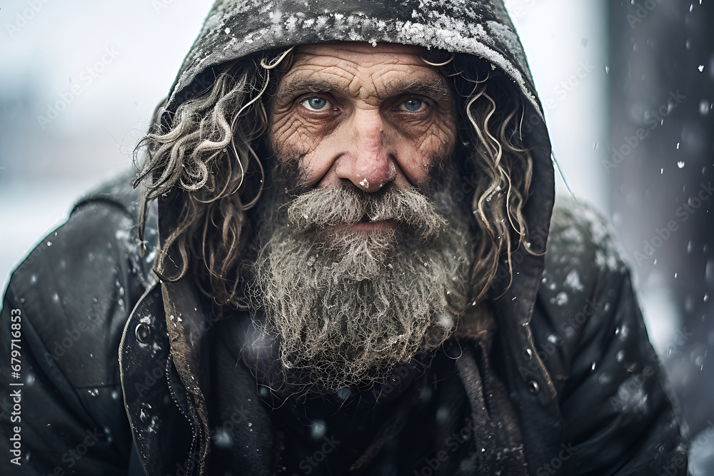 Amidst falling snow, a homeless man with a grizzled beard stares deeply ...