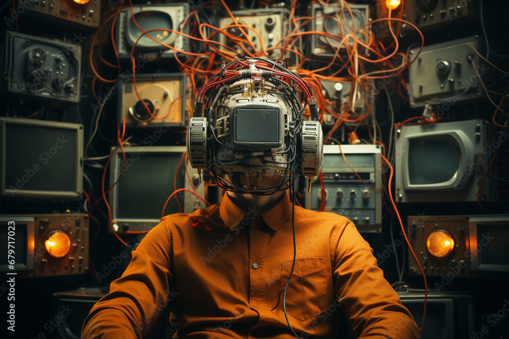 Thought provoking imagery depicting a man wired to electronics and TV ...