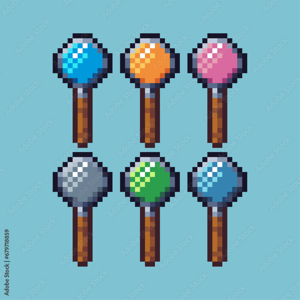 Pixel art sets of magnifying glass with variation color item asset ...