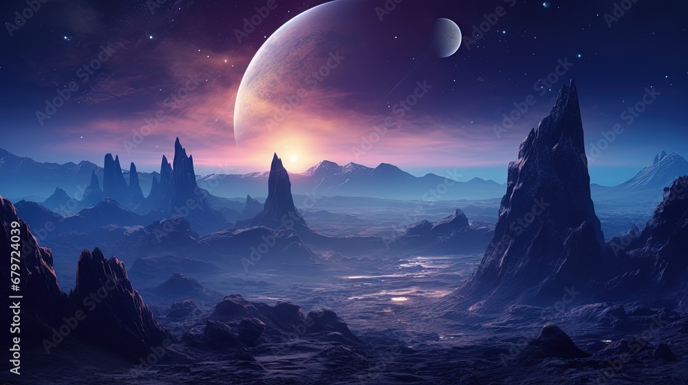 Fantasy landscape of an alien world filled with mountain ranges and ...