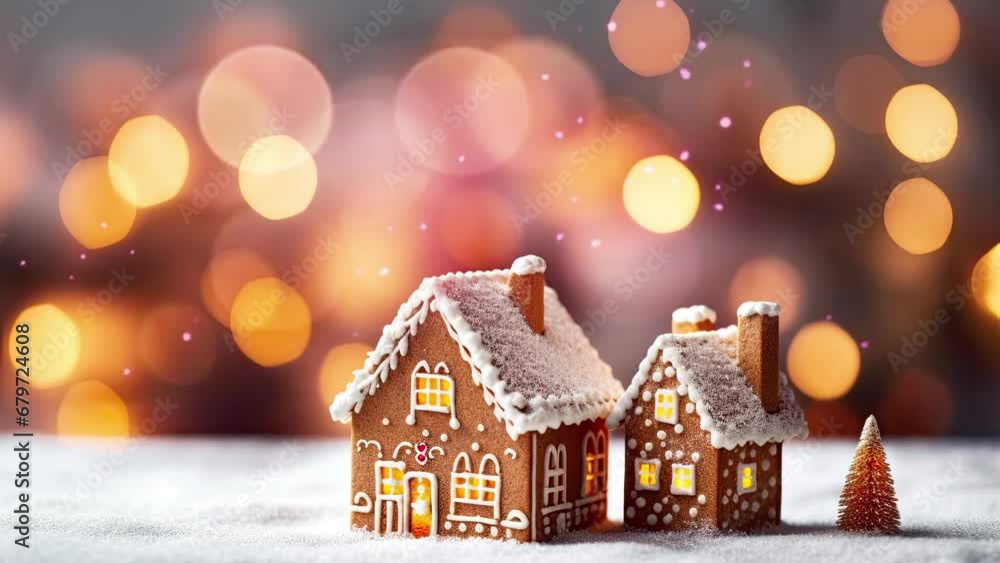 Gingerbread houses, glowing Christmas lights in background Stock Video ...