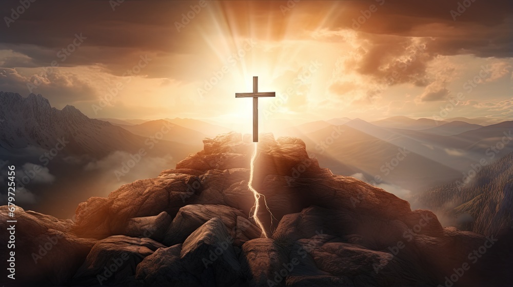 Jesus Christ cross on an amazing mountain sunset background with ...