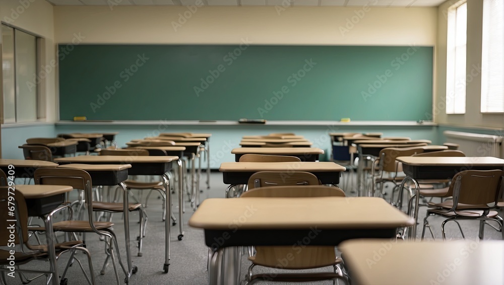 Empty school classroom without young student. Blurry view of elementary ...
