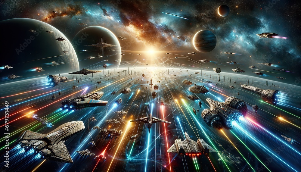 Dynamic space battle scene featuring various spaceships, vibrant light ...