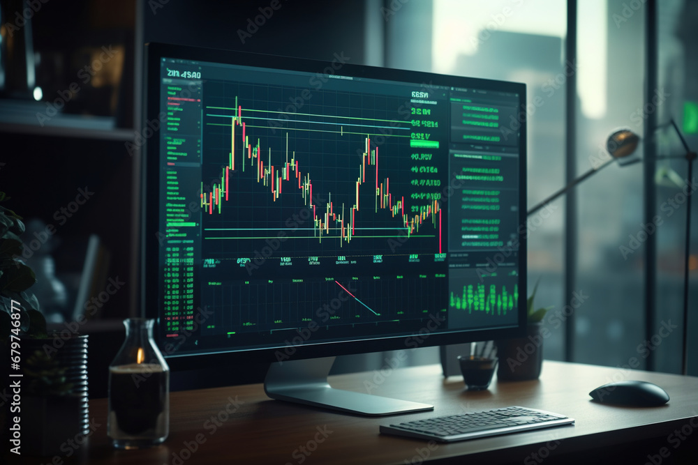 Computer Monitor with Trading Charts: Candlestick Graph of Stock Market ...