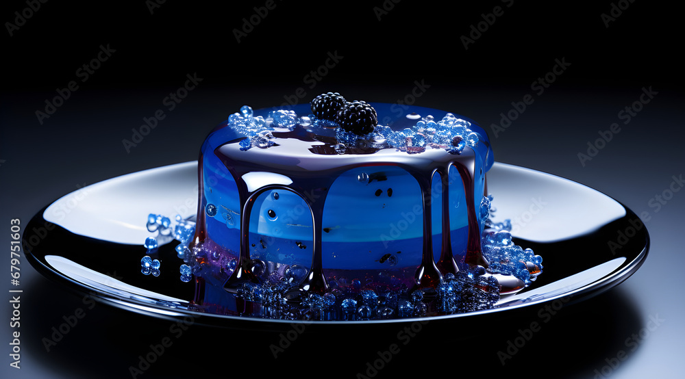 Blue jelly dessert cake with sprinkles and blue raspberry sauce sitting ...