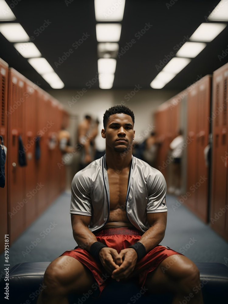 Fototapeta A boxer practicing deep breathing exercises, seated in a ...