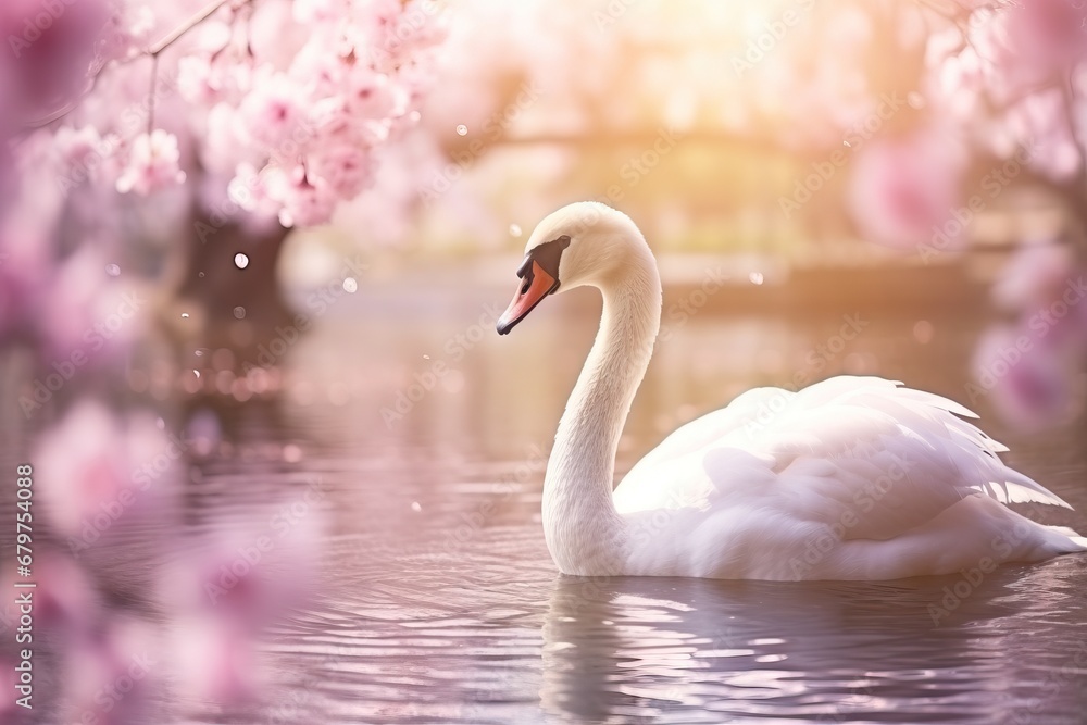 White swans swimming in lake. Fairy tale landscape with elegant bird ...