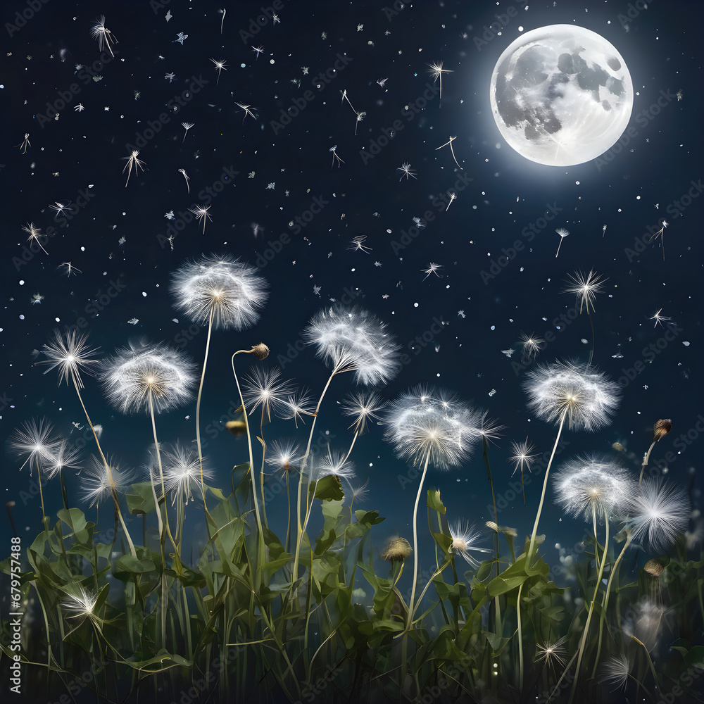 Dandelion seedlings floating in a night sky with a glowing full moon ...