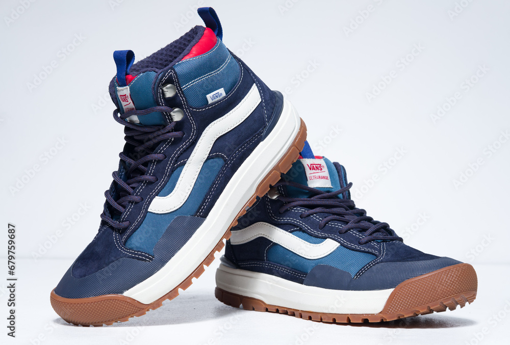 kent, uk 01.01.2023 Vans UltraRange xo hi ate Navy Blue All Terrain Shoes. goretex eco dry snow ...