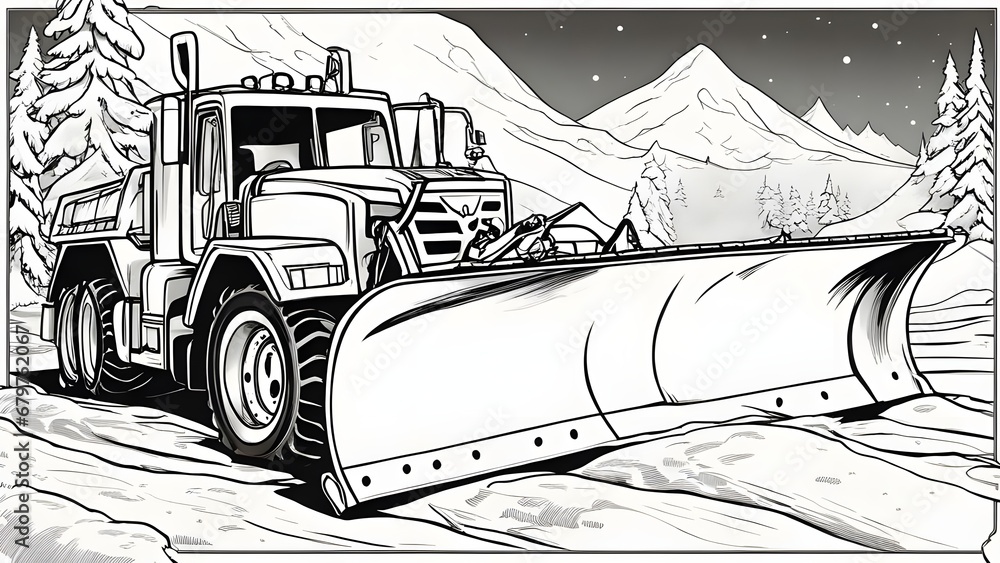 truck in the snow A black and white coloring book page with a snow ...