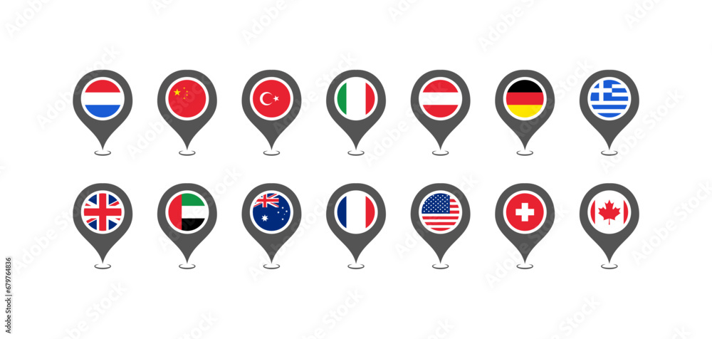 Collection of location tags national flags. Flat, color, set of ...