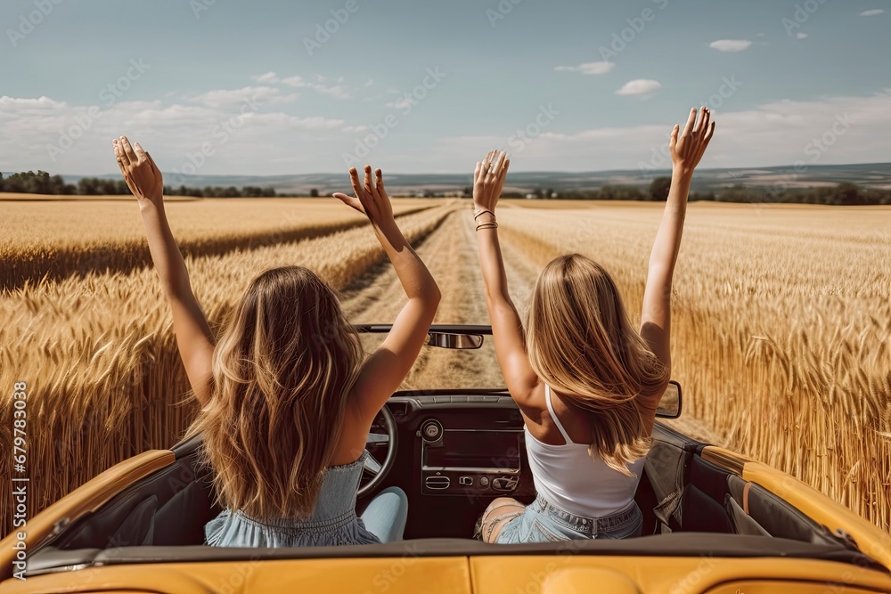Two girls sit in back seat of convertible raising their hands up ...