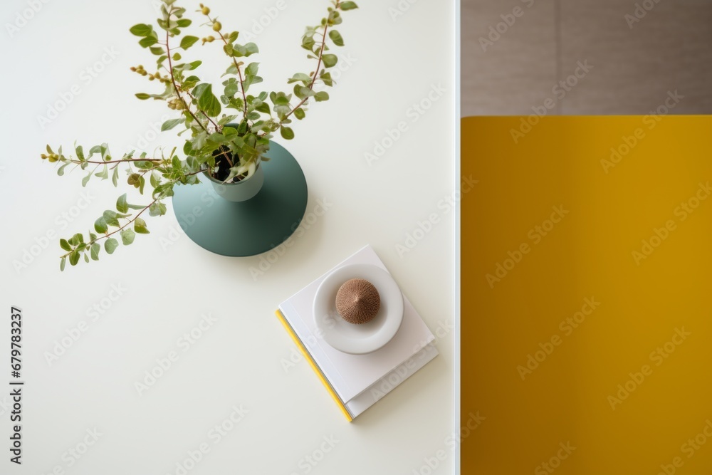 topview of white working table in minimal home interior design working ...