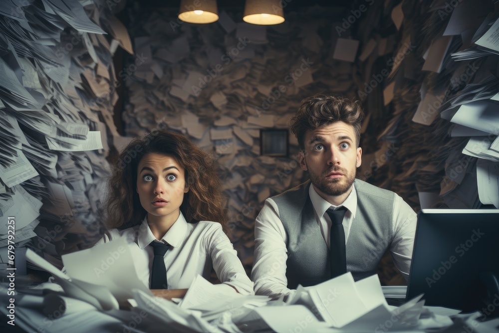 Businesswoman and businessman with paper stacks everywhere in chaotic ...