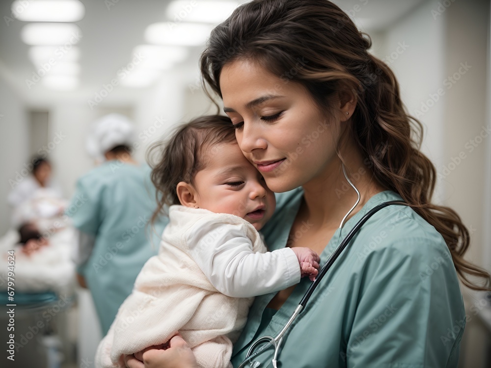 Nurse cradling a day-old infant, newborn baby, displaying genuine ...