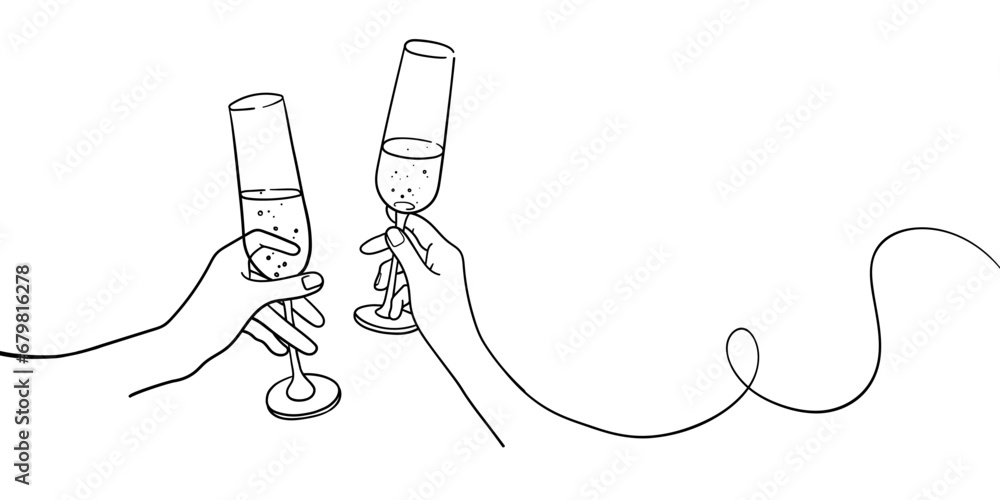 Continuous line champagne cheers one line art, continuous drawing ...