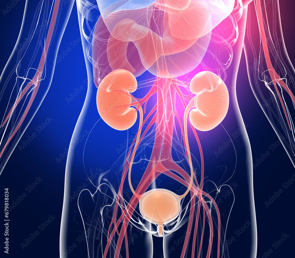 3D illustration of the anatomy of the urinary system. Transparent and ...
