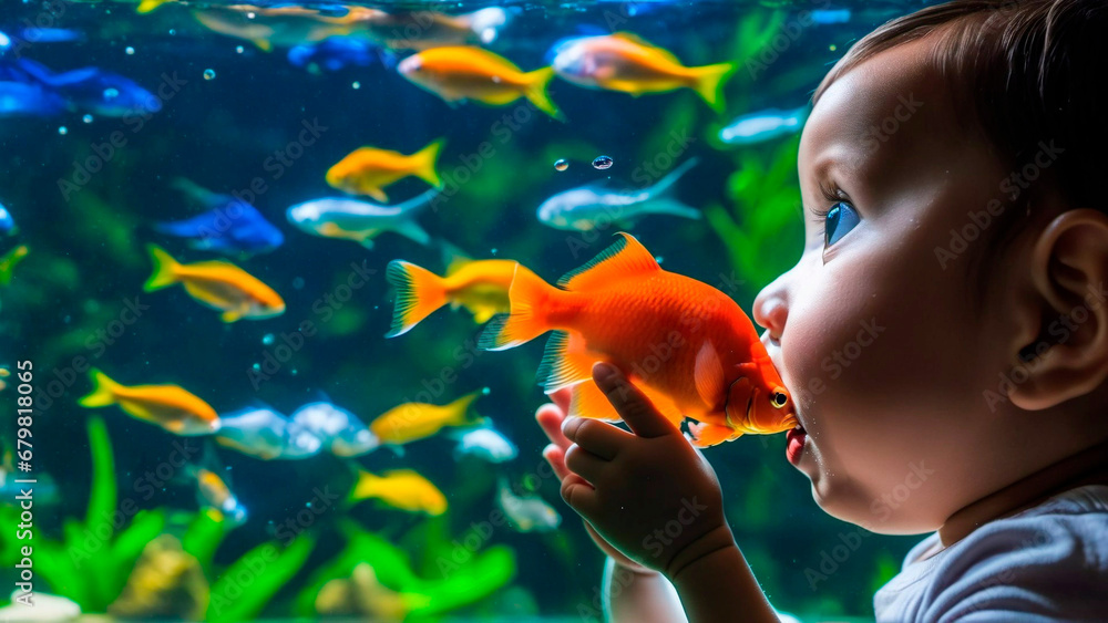 a toddler experiences the wonder of the underwater world, gazing in awe ...