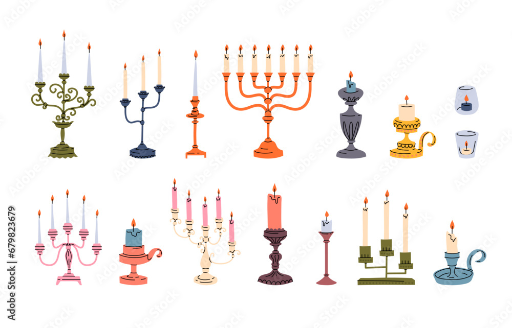 Vector hand drawn vintage candlesticks set in primitive style. Hanukkah ...