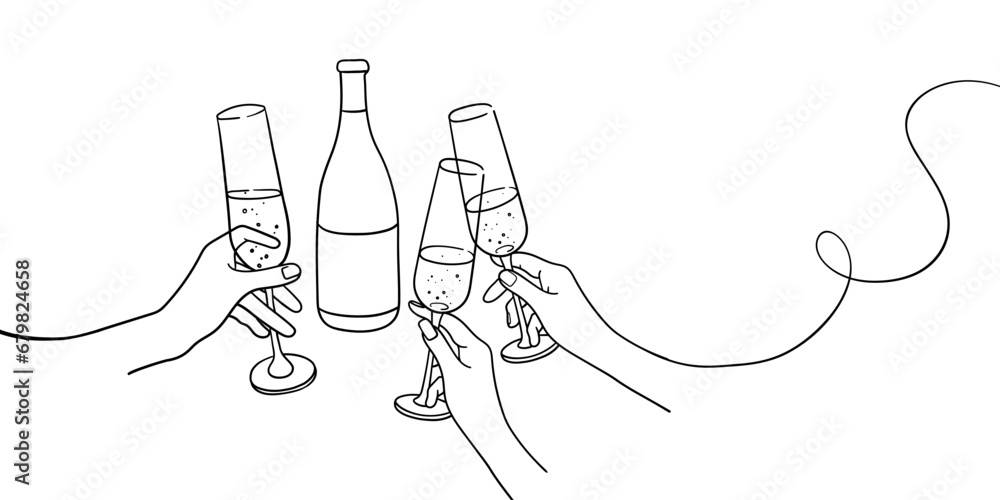 Continuous line champagne cheers one line art, continuous drawing ...