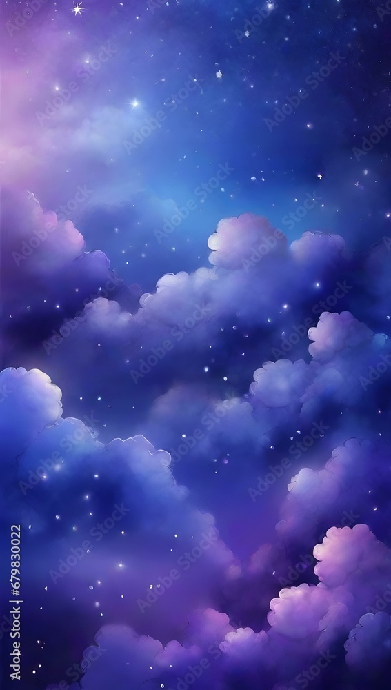 Periwinkle blue colored gradient mystical sky with clouds and stars ...