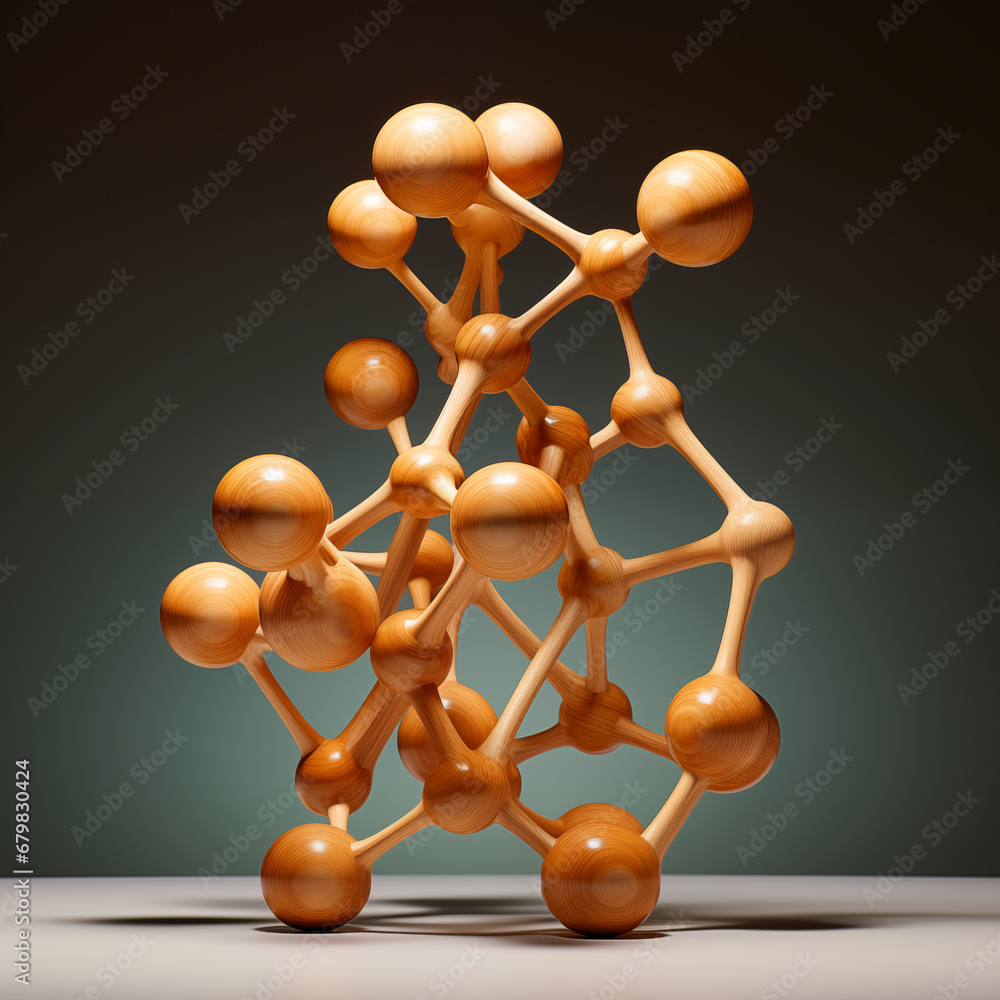 3d wooden model of molecule, dark background, lit sculpture made of ...