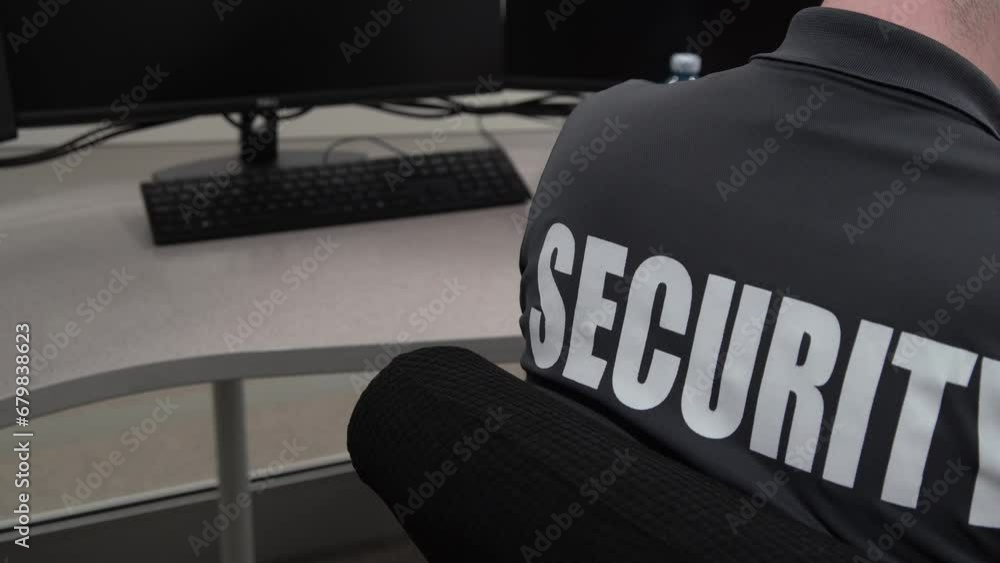 Security guard doing admin tasks at night shift with black screen ...